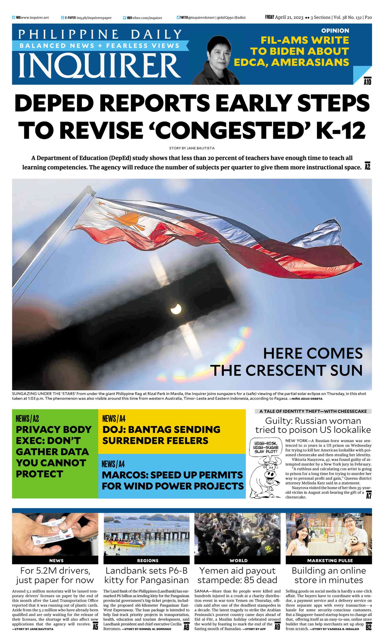 Inquirer on Twitter: "Today's Inquirer front page (April 21, 2023). More at https://t.co ...