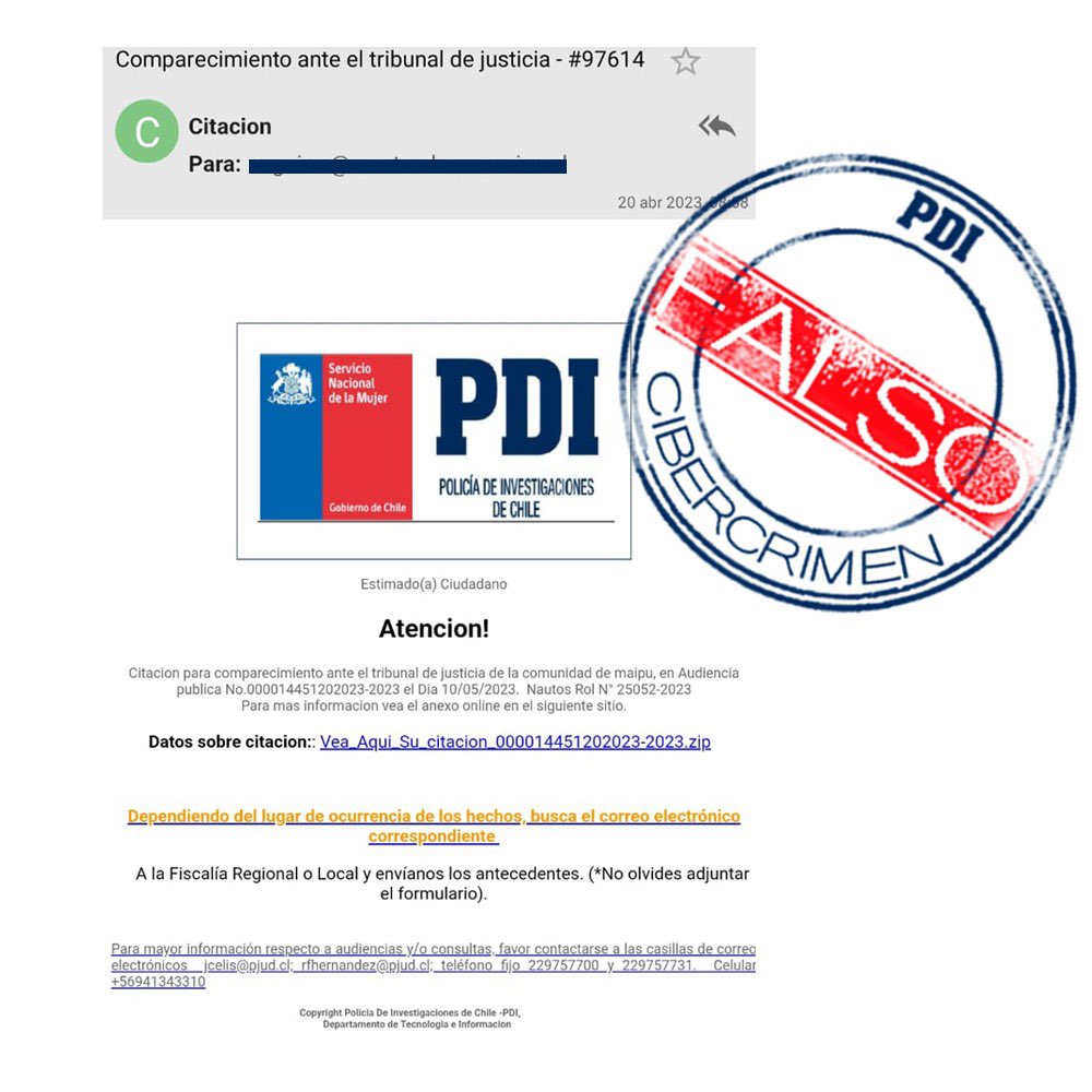 PDI Chile on Twitter: "⭕ Vuelve a circular correo con una falsa citación de la PDI. Para evitar ...