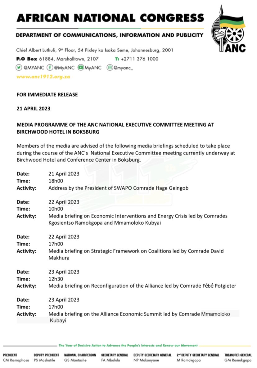 ANC SECRETARY GENERAL | Cde Mbalula on Twitter: "MEDIA PROGRAMME OF THE ANC NATIONAL EXECUTIVE ...