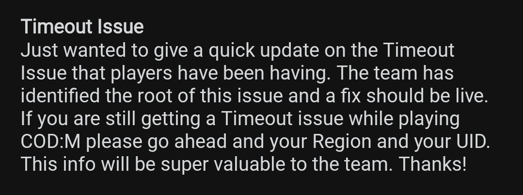 PlayCODNews on Twitter: "COD Mobile has finally addressed the Timeout Issue and a fix should be ...