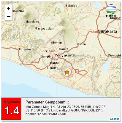 Stageof Sleman on Twitter: "Info Gempa Mag:1.4, 23-Apr-23 06:26:35 WIB, Lok:7.97 LS,110.50 BT ...