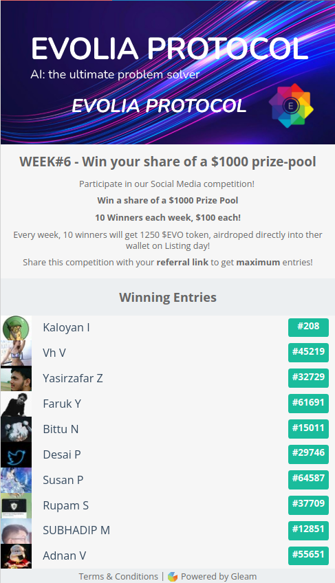 EvoliaProtocol on Twitter: "#Giveaway Week#6 ! 🎇Congratulations to our 10 lucky #AI #crypto ...