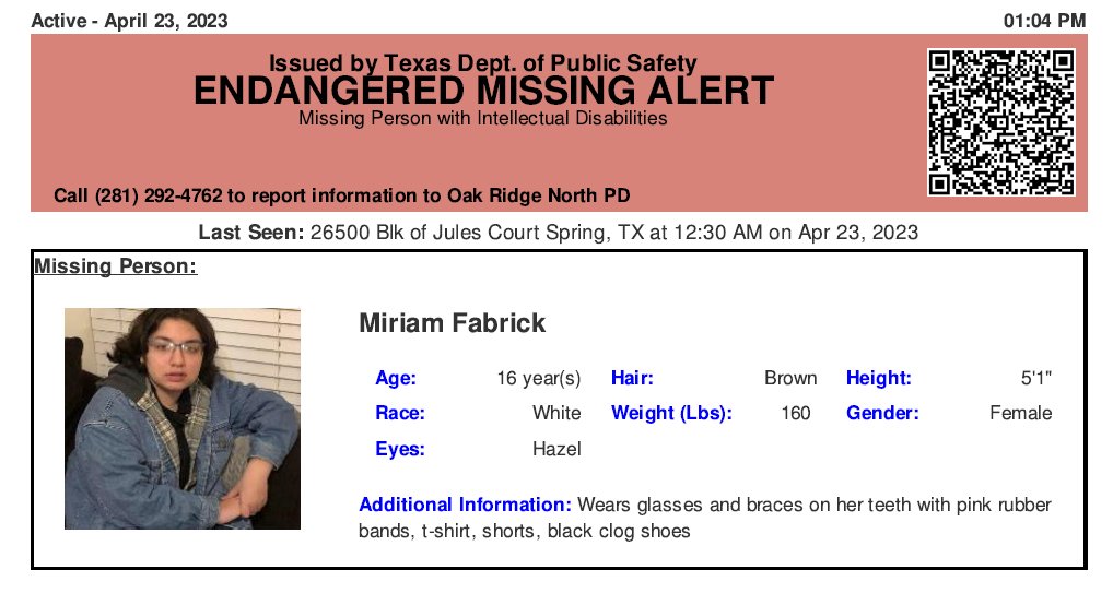 Texas Alerts on Twitter: "ACTIVE ENDANGERED MISSING ALERT for Miriam Fabrick from Spring TX, on ...