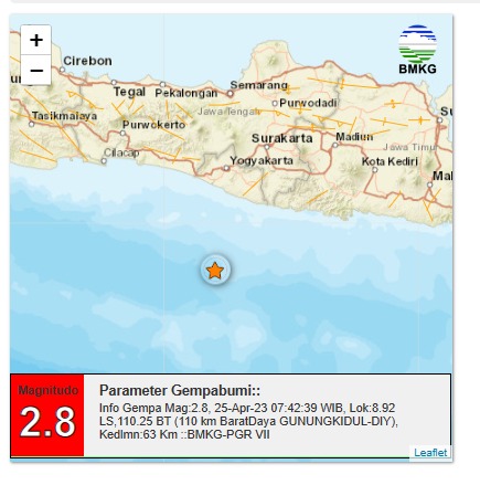 Stageof Sleman on Twitter: "Info Gempa Mag:2.8, 25-Apr-23 07:42:39 WIB, Lok:8.92 LS,110.25 BT ...