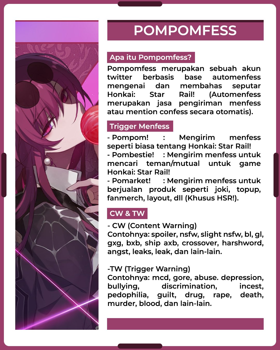 POMPOMFESS | LAPAK GACHA SW 📌 on Twitter: "🚂 RULES POMPOMFESS 🚂 Mohon dibaca dengan seksama ...