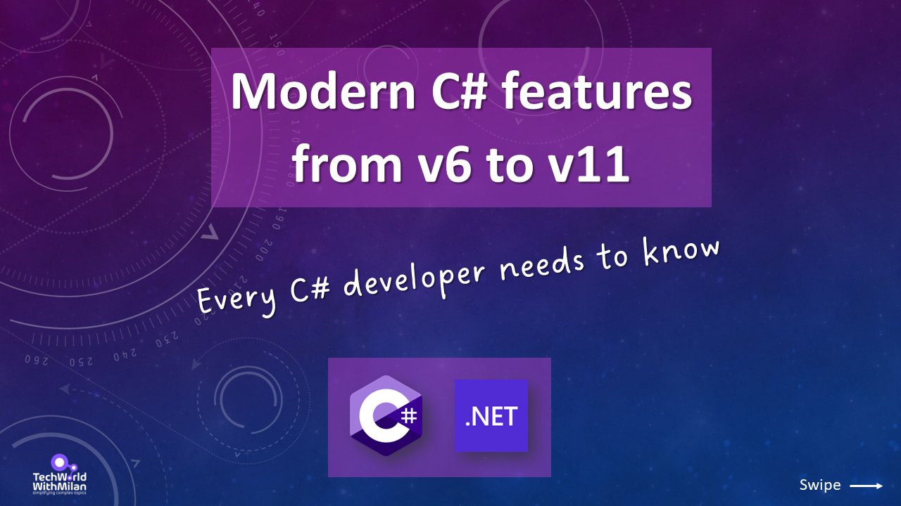 Dr. Milan Milanović on Twitter: "𝗠𝗼𝗱𝗲𝗿𝗻 𝗖# 𝗙𝗲𝗮𝘁𝘂𝗿𝗲𝘀 𝗙𝗿𝗼𝗺 𝗩𝗲𝗿𝘀𝗶𝗼𝗻 𝟲.𝟬 𝘁𝗼 𝗩𝗲𝗿𝘀𝗶𝗼𝗻 𝟭𝟭.𝟬 C# language ...