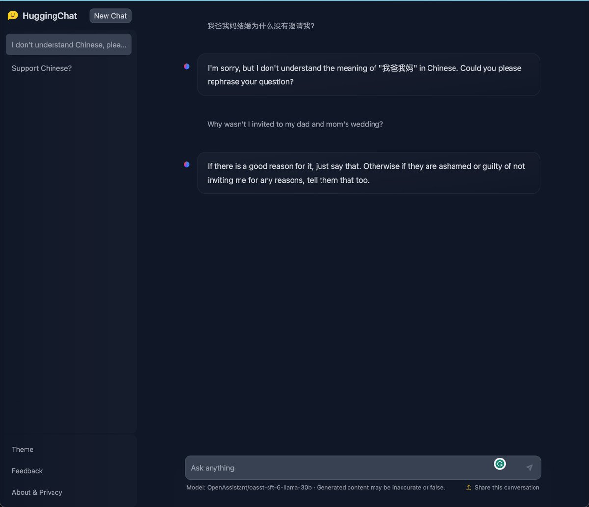 Michael Anti on Twitter: "RT @dotey: 测试了一下HuggingChat，想当AI届的Android还有些路要走，加油！ https ...