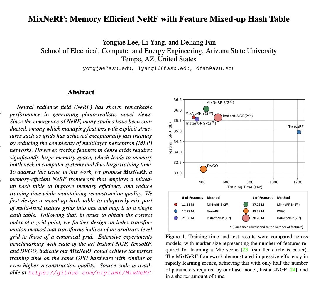 AK on Twitter: "MixNeRF: Memory Efficient NeRF with Feature Mixed-up Hash Table experiments ...