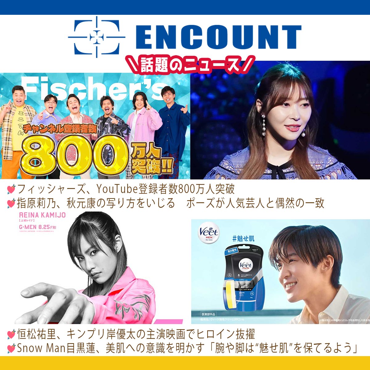 ENCOUNT on Twitter: "【話題のニュース📸】 ☑︎フィッシャーズ、YouTube登録者数800万人突破 ☑︎指原莉乃、秋元康の写り方をいじる ☑︎恒松祐里、キンプリ岸優太の ...