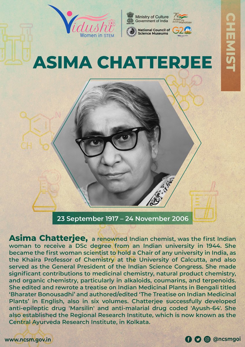 Ministry of Culture on Twitter: "RT @ncsmgoi: 𝐕𝐢𝐝𝐮𝐬𝐡𝐢: 𝐖𝐨𝐦𝐞𝐧 𝐢𝐧 𝐒𝐓𝐄𝐌 | #7 Asima Chatterjee, a ...