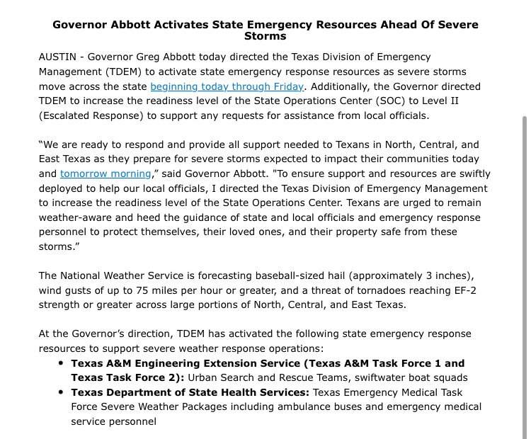 Greg Abbott on Twitter: "Directed @TDEM to activate emergency resources as severe storms move ...