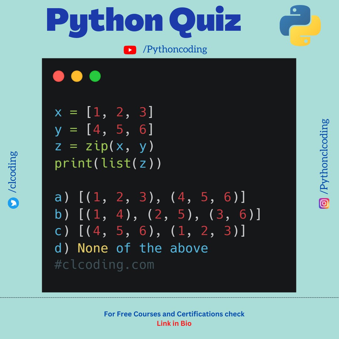 Python Coding On Twitter Python Quiz Day 77 What Is The Output Of Following Python Code