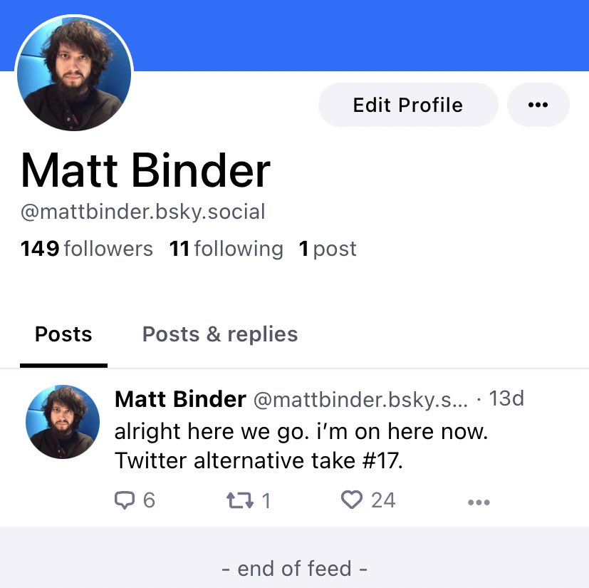 Matt Binder on Twitter: "i got a BlueSky invite 2 weeks ago, set up my account, posted once ...