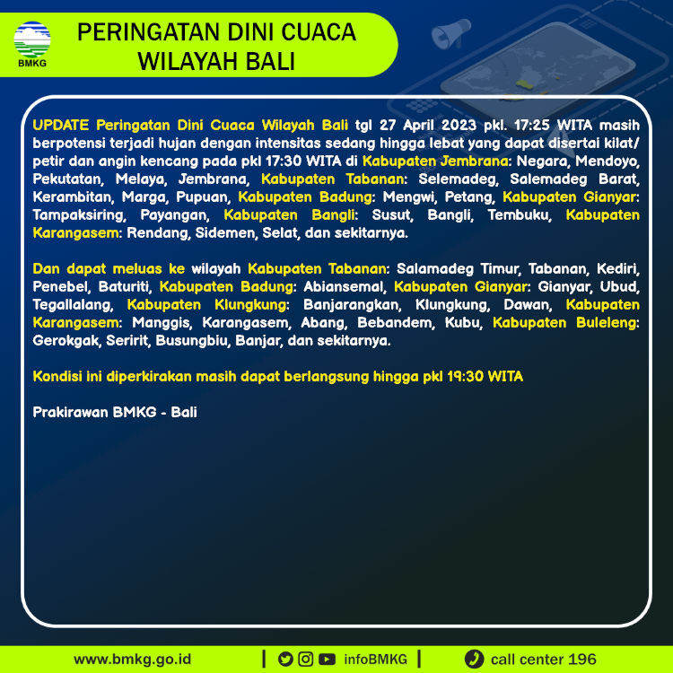 BMKG on Twitter: "Update Peringatan Dini Cuaca Wilayah - Bali Tgl. 27 April 2023 pkl. 17:30 WITA ...