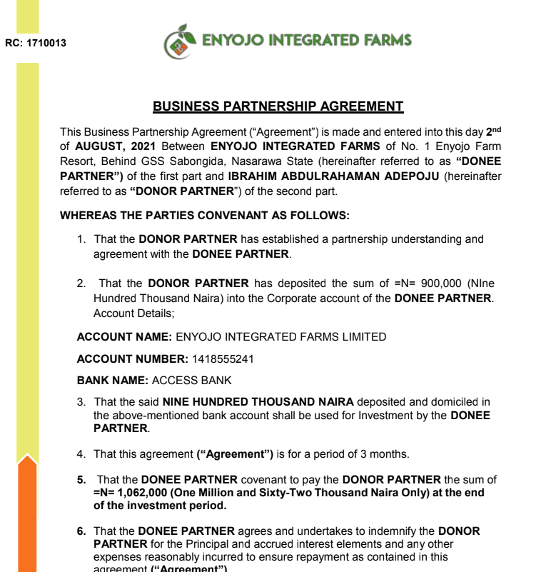 Farming Partnership Agreement Template
