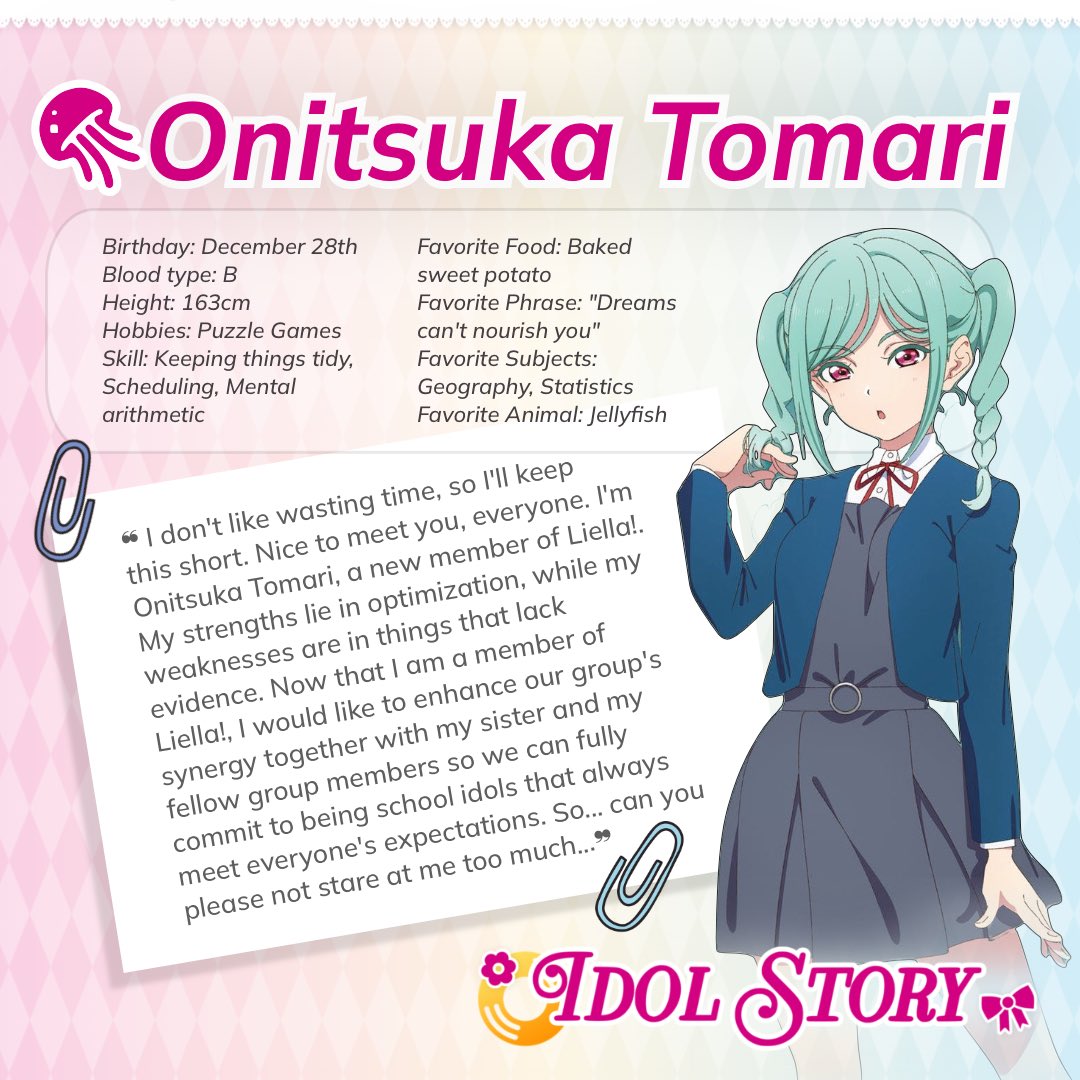 Love Live! 🌼 Idol Story 🎀 on Twitter: "📢NEW MEMBER: Onitsuka Tomari📢 💫Birthday: Dec. 28th 💫Blood ...
