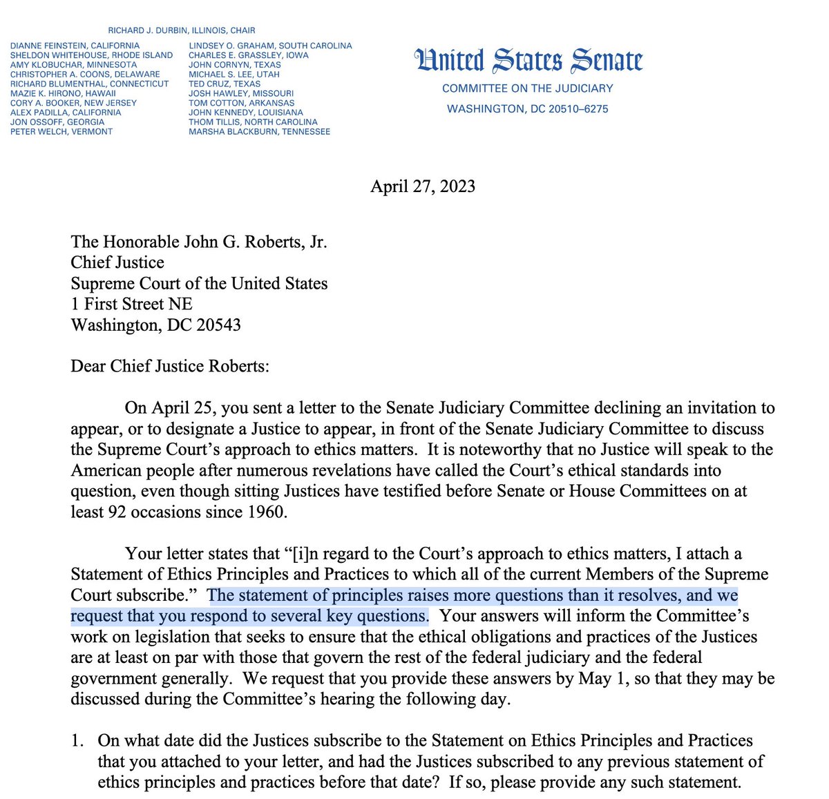 Don on Twitter: "RT @JustinElliott: new Senate Judiciary Dems letter asks Chief Justice Roberts ...