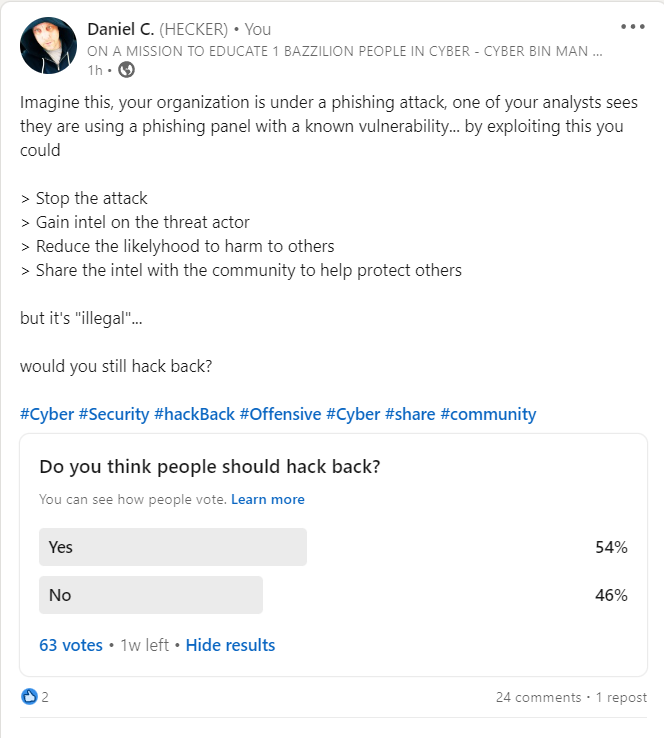 mRr3b00t on Twitter: "are you team hackback or team No? https://linkedin.com/feed/update/urn:li ...