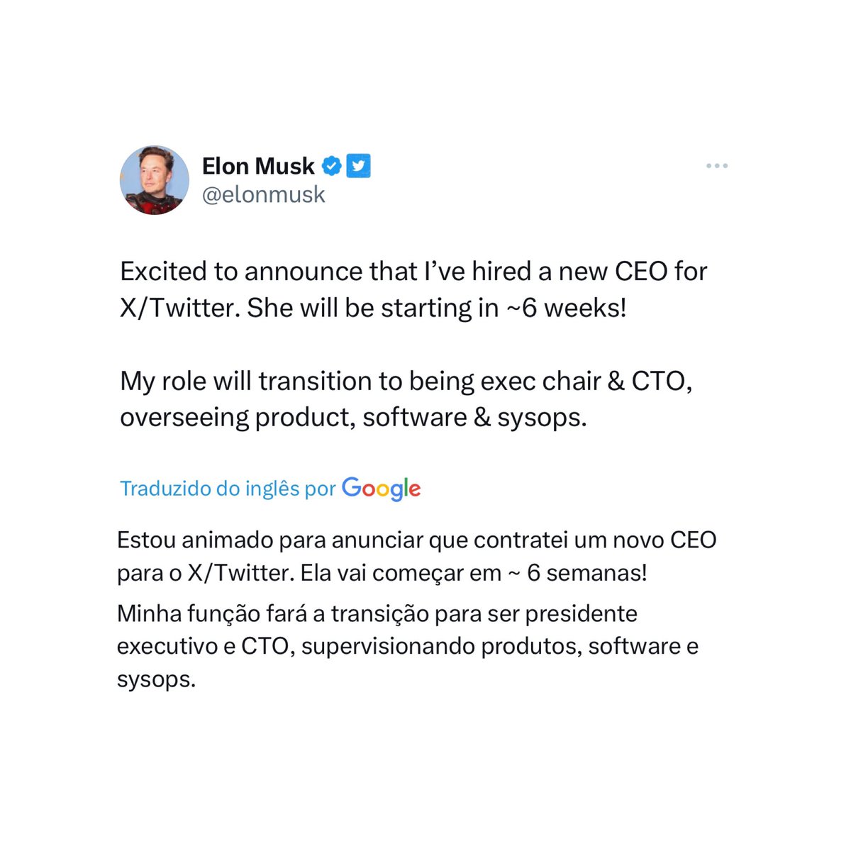CHOQUEI on Twitter: "🚨AGORA: Elon Musk anuncia que contratou uma nova CEO para o Twitter."