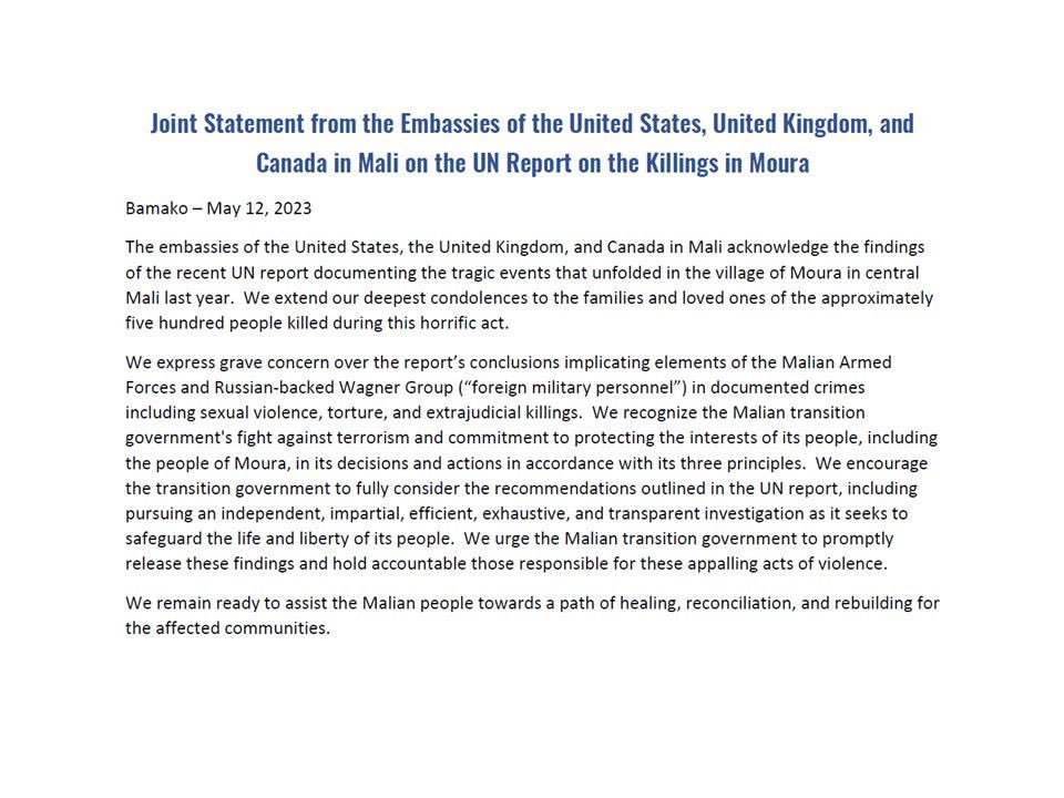 Us Embassy Mali On Twitter Rt Usambmali See Our Joint Statement On Un Report On Moura I