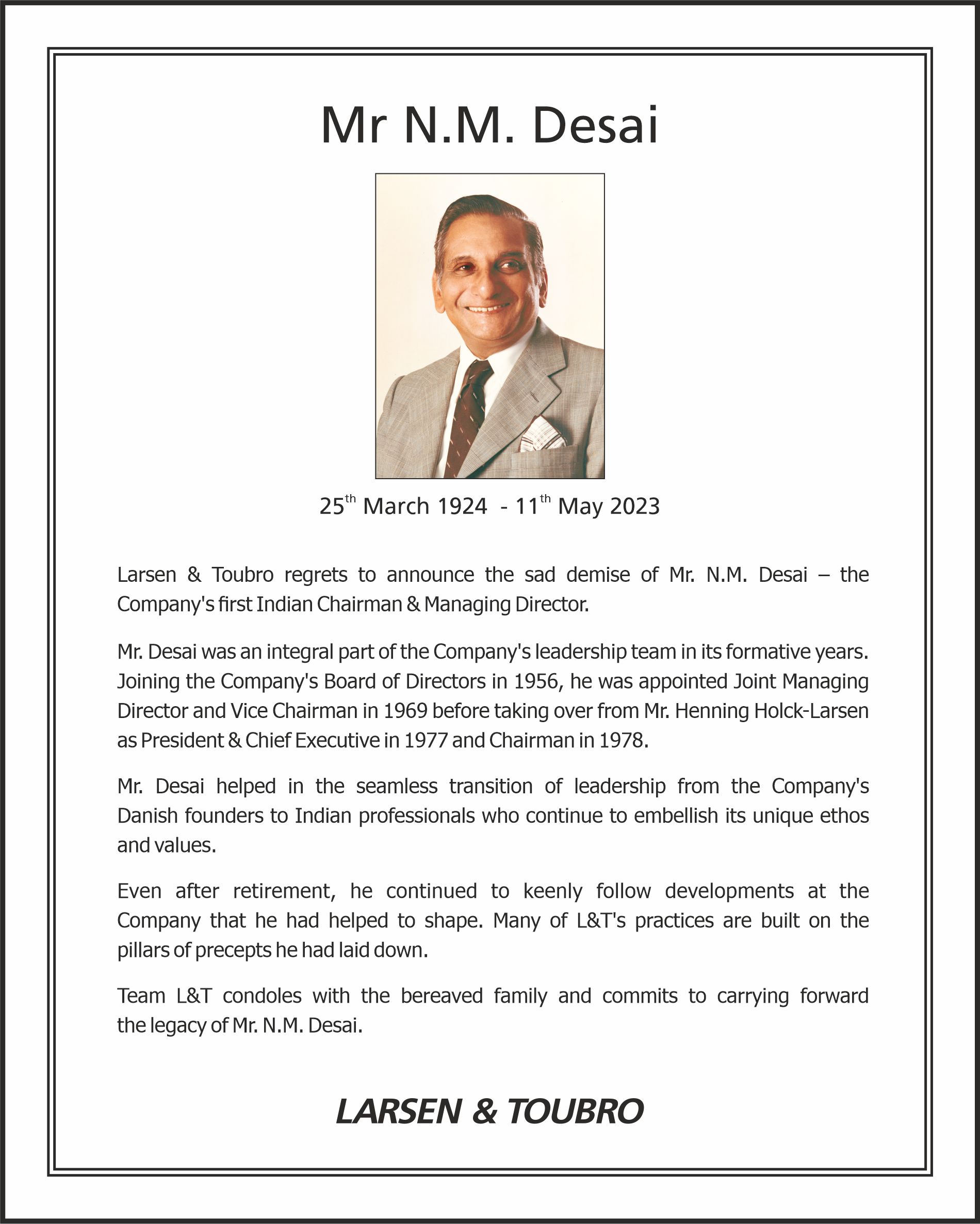Larsen & Toubro on Twitter: "We mourn the passing away of L&T’s first Indian Chairman, Mr N M ...