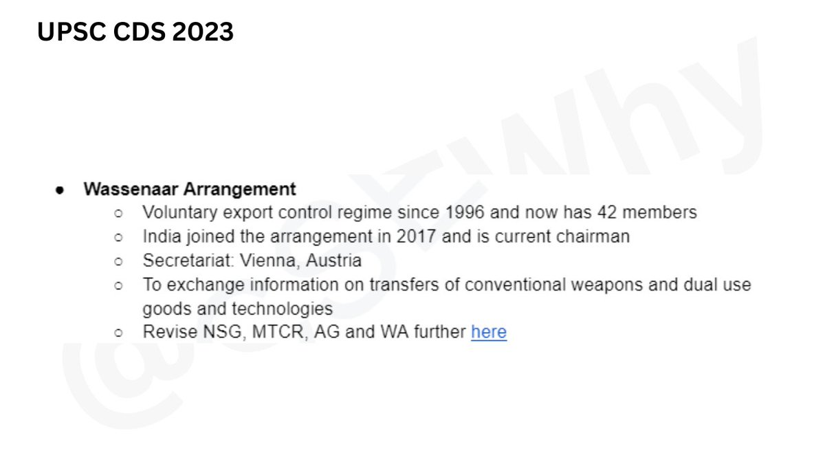 UPSC CSE WHY on Twitter: "(4/6) 5. Wassenaar arrangement seen in CDS, IES 2023. Both UPSC exams ...