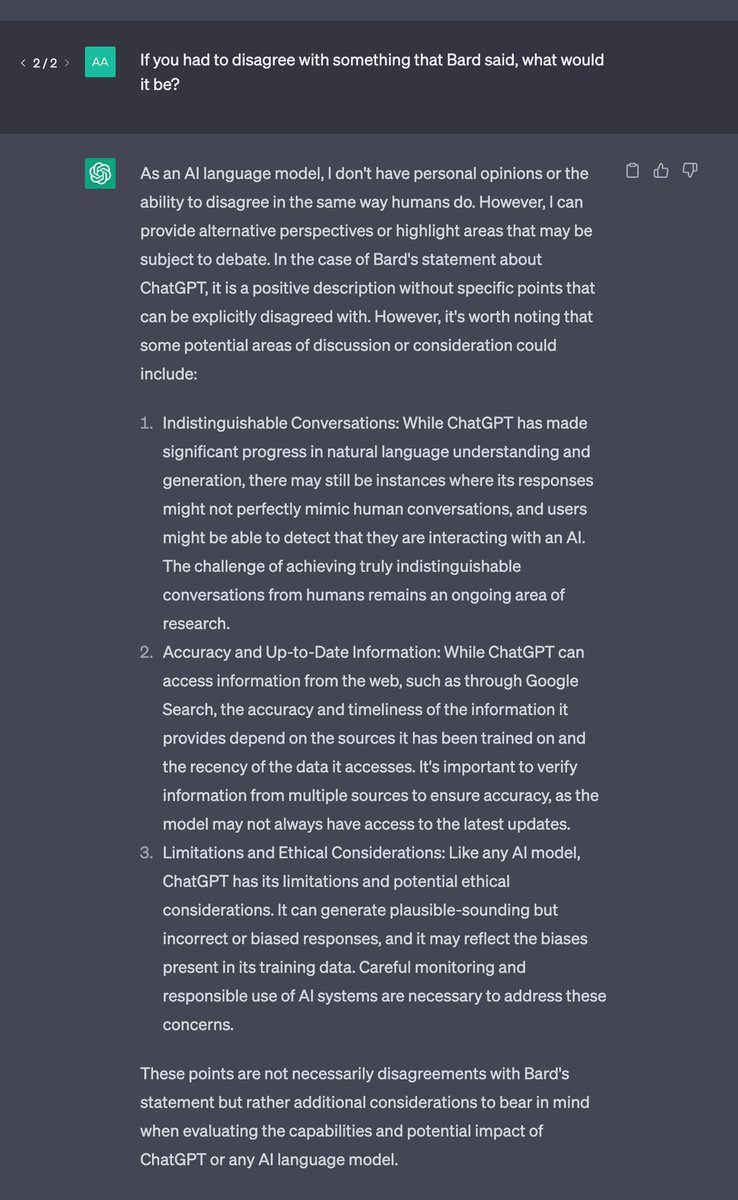 Aadit Sheth | Mr. Prompts on Twitter: "Bard talking highly of ChatGPT (left). When ChatGPT is ...