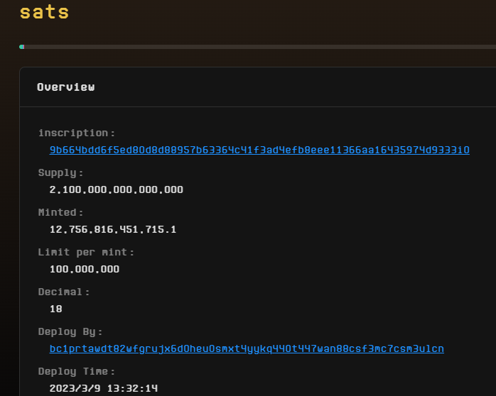 Six佬brc_lrc on Twitter: "发现个非常有意思的BRC20 SATS与ORDI相隔1天发行，总量2100万亿，每次铸造获得1亿，需要铸造2100万次才完成。 每次手续费最低 ...