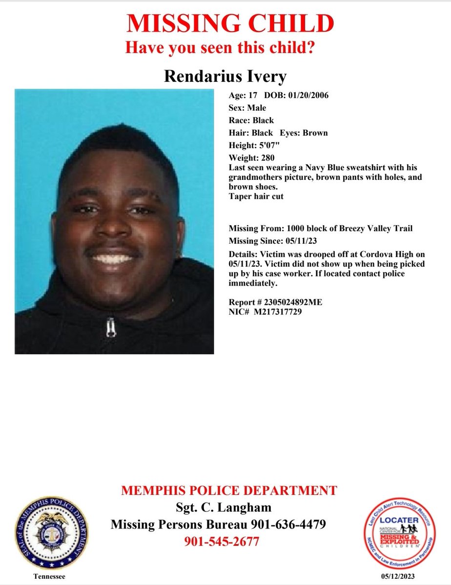 Memphis Police Dept On Twitter Have You Seen Rendarius Ivery Report