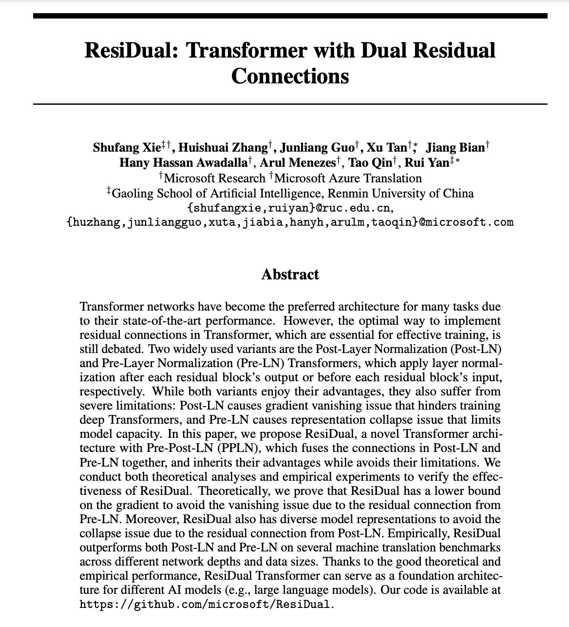 AK on Twitter: "ResiDual: Transformer with Dual Residual Connections abs: https://t.co ...