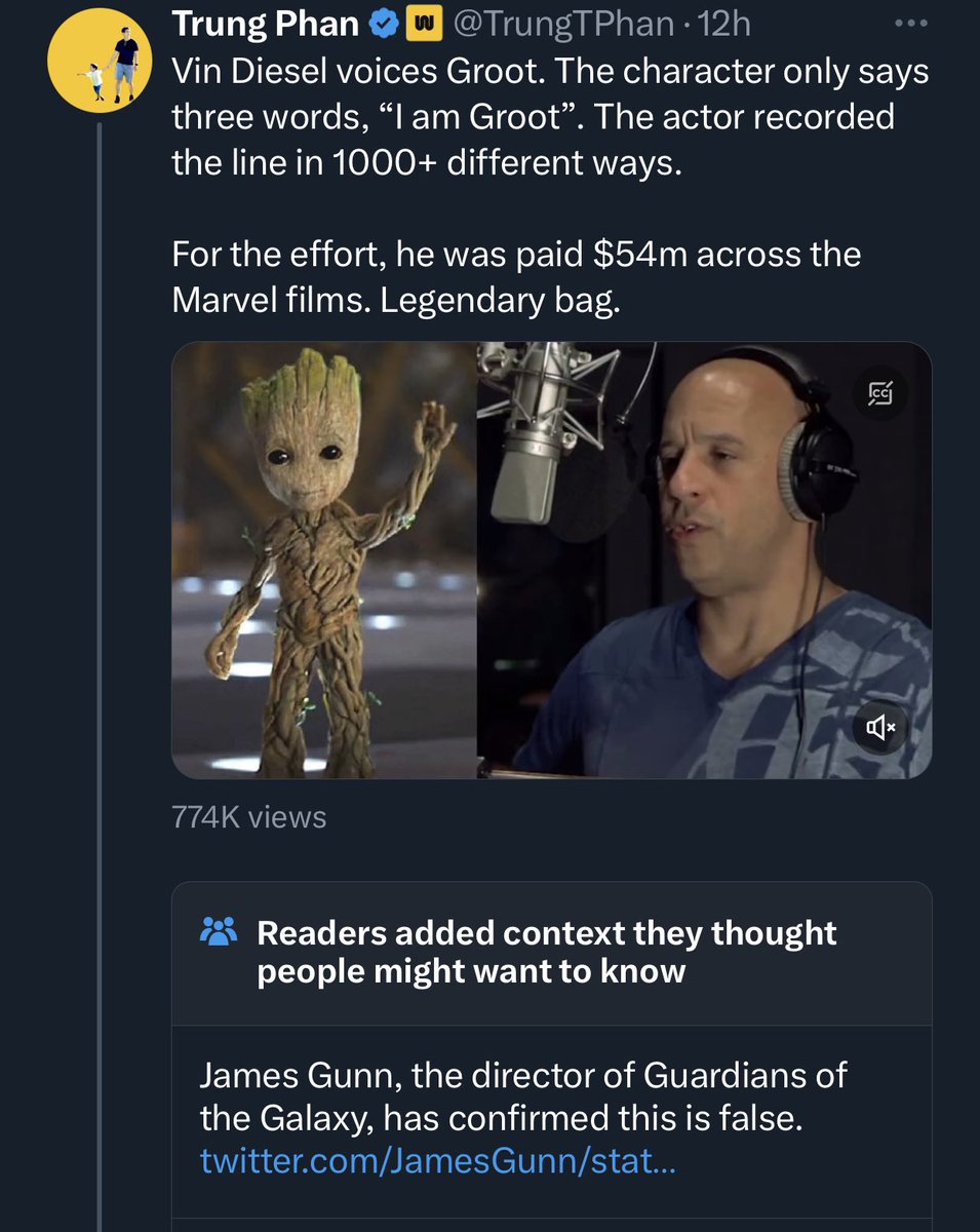 Vin Diesel voices Groot. The character only says three words, “I am ...