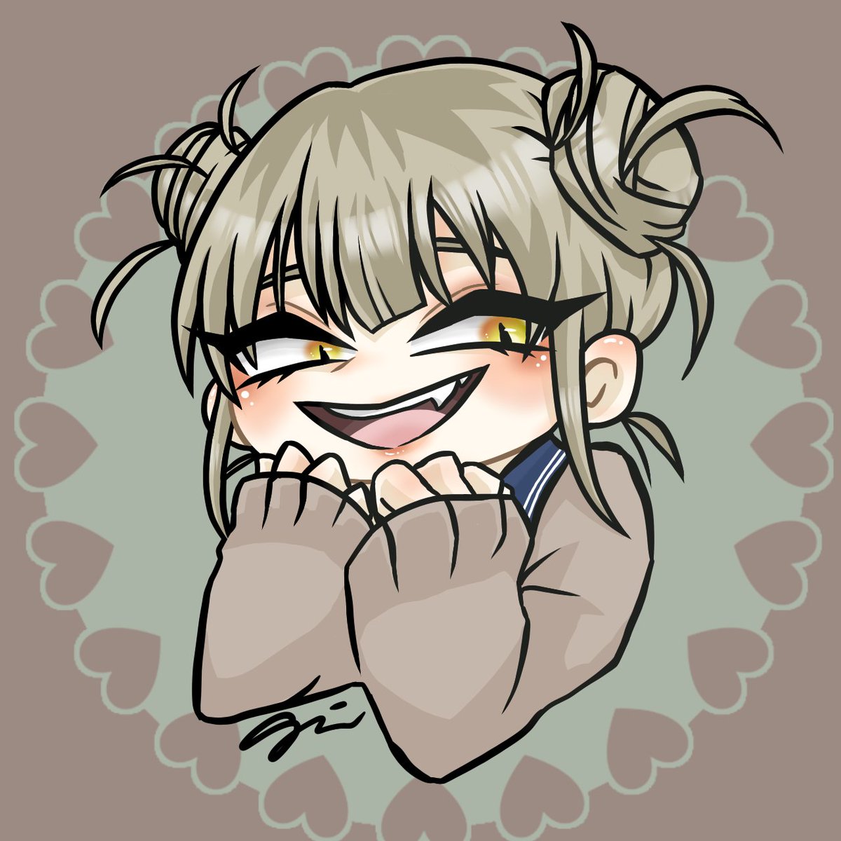 toga himiko 1girl double bun hair bun solo yellow eyes smile bangs ...