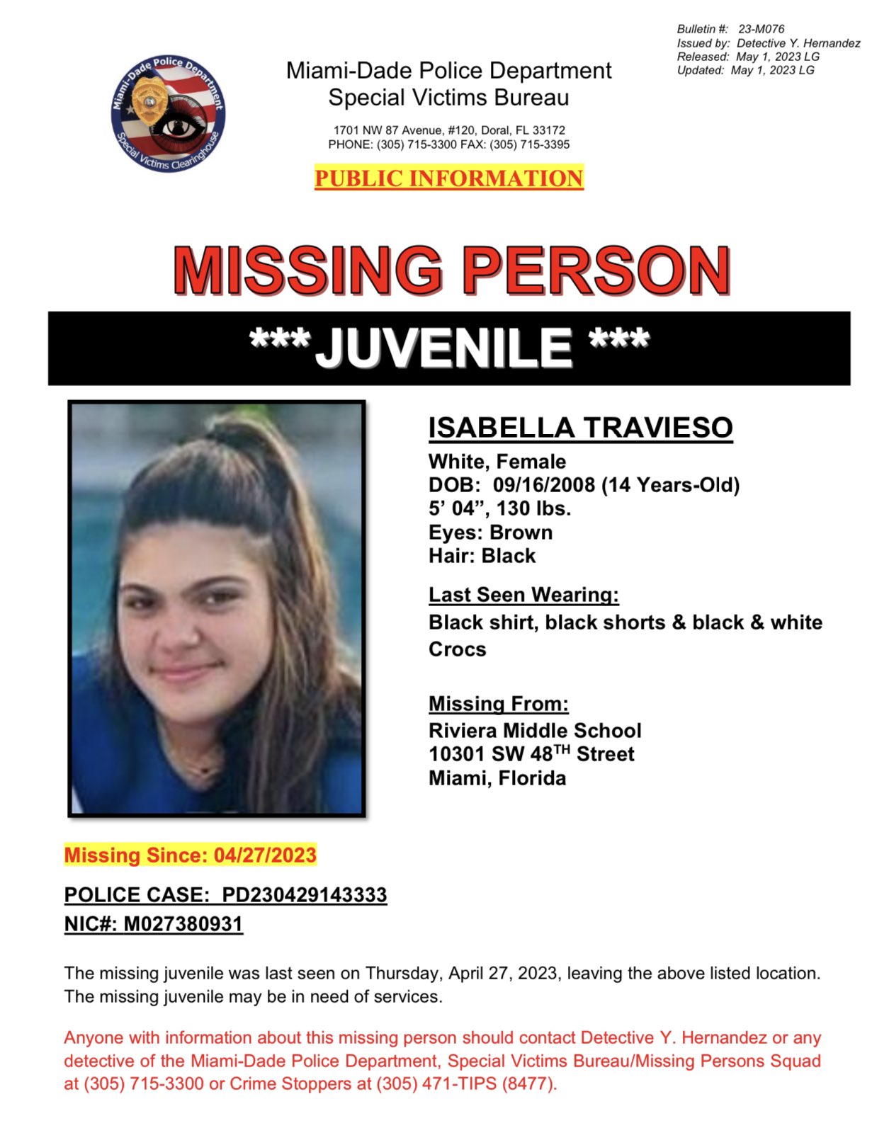 Miami-Dade Police on Twitter: "🚨 #MISSING: Isabella Travieso, 14 years old, was last seen in ...