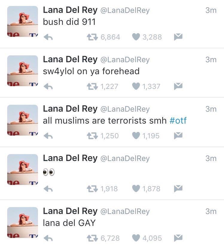 trust no one on Twitter: "Lana del Rey’s twitter got hacked 7/06/2016"