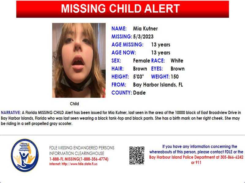 FDLE on Twitter: "Please share! A MISSING CHILD Alert has been issued for 13-year-old Mia Kutner ...