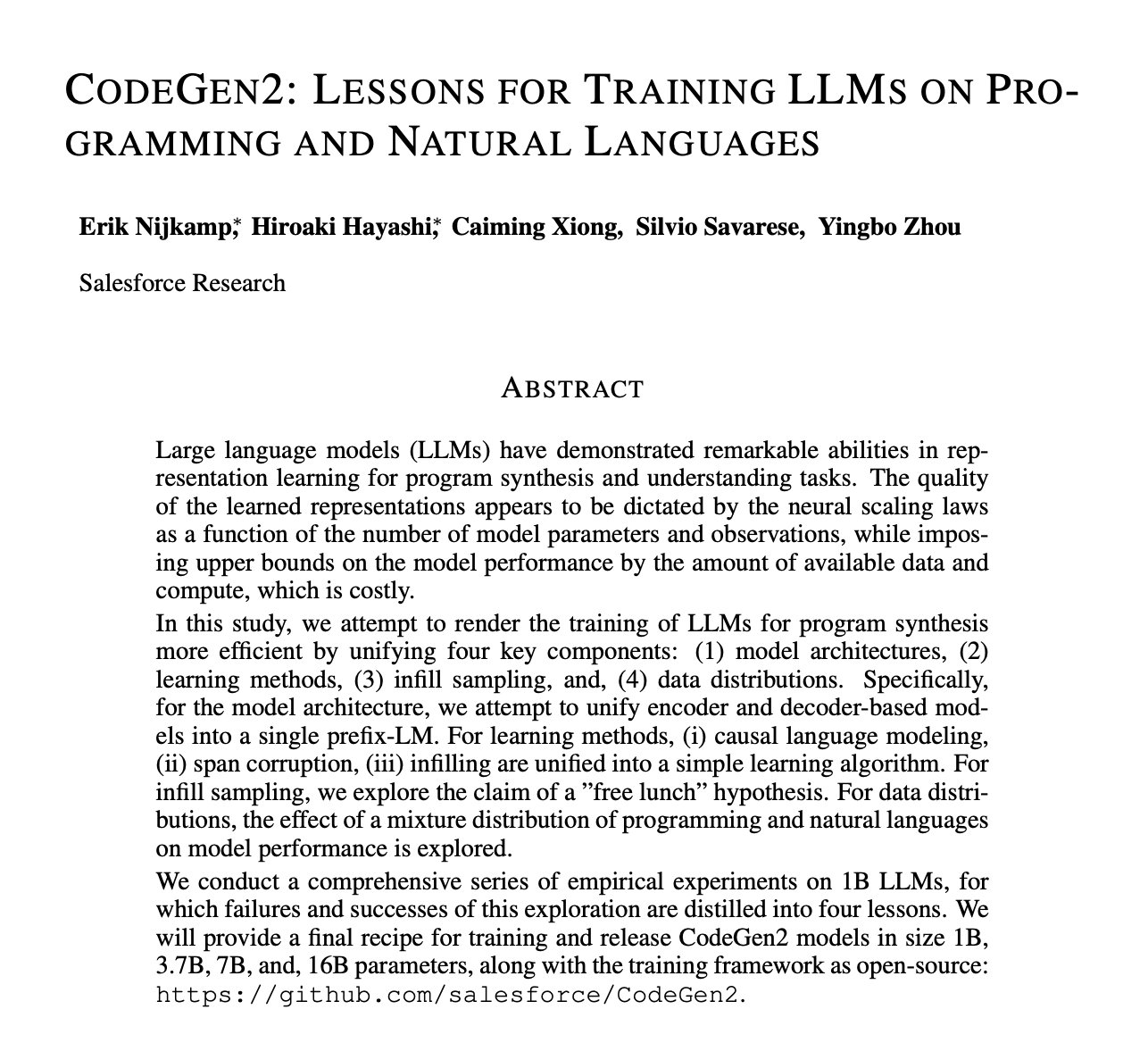 AK on Twitter: "CodeGen2: Lessons for Training LLMs on Programming and Natural Languages abs ...