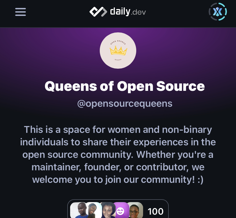 daily.dev on Twitter: "RT @CodesChrissy: I just reached 100 members on Open Source Queens! 🥳 I ...