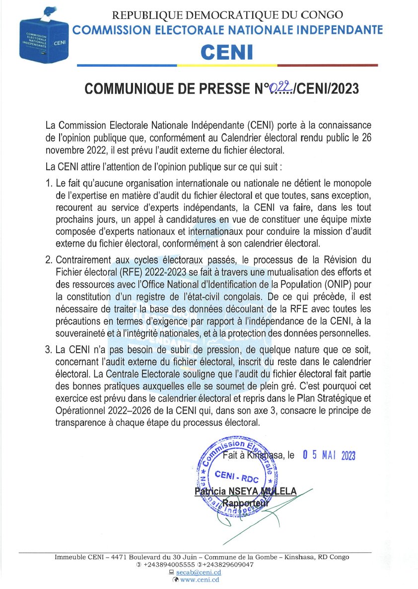 Ceni-RDC on Twitter: "COMMUNIQUÉ DE PRESSE | N°022/CENI/2023 Relatif à l'audit externe du ...