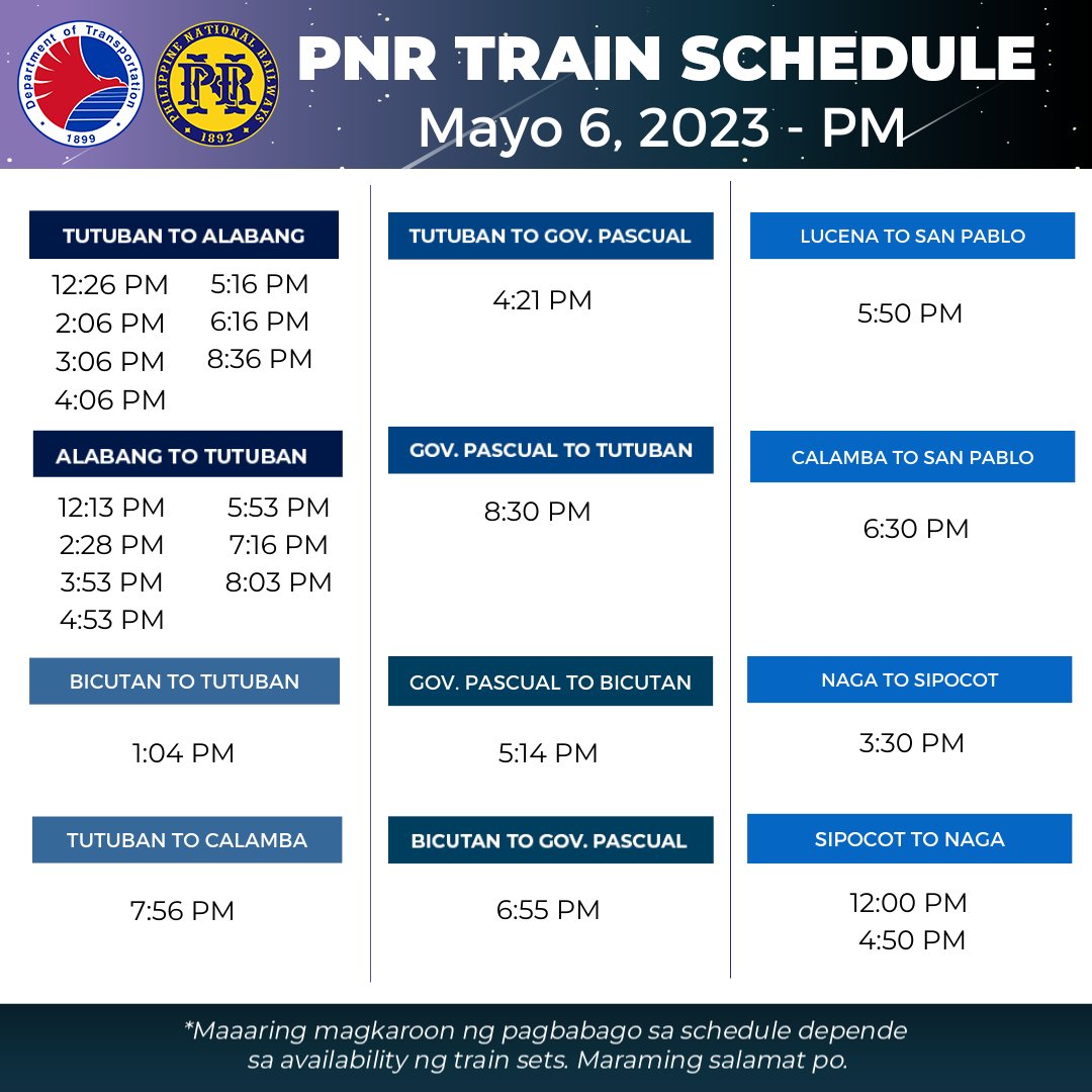 PNR_GovPH on Twitter: "ANUNSYO: Ngayong hapon at gabi ng May 6, 2023, may byahe ang Philippine ...