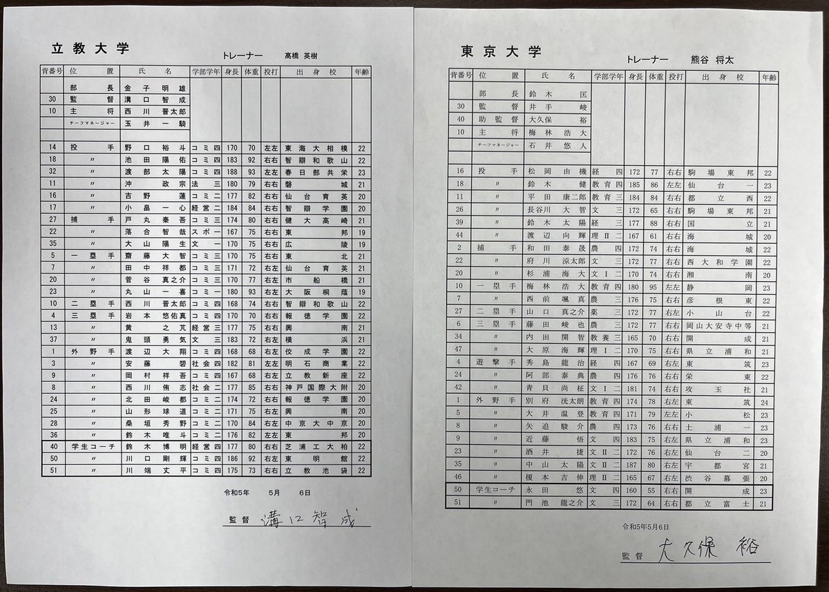 BIG6.TV on Twitter: "【GAME2 立大 - 東大】 スタメン&ベンチ入りメンバー 今季初の白星を狙う両校、立大は #池田陽佑(④智辯和歌山)、東大は #鈴木健(④仙台一 ...