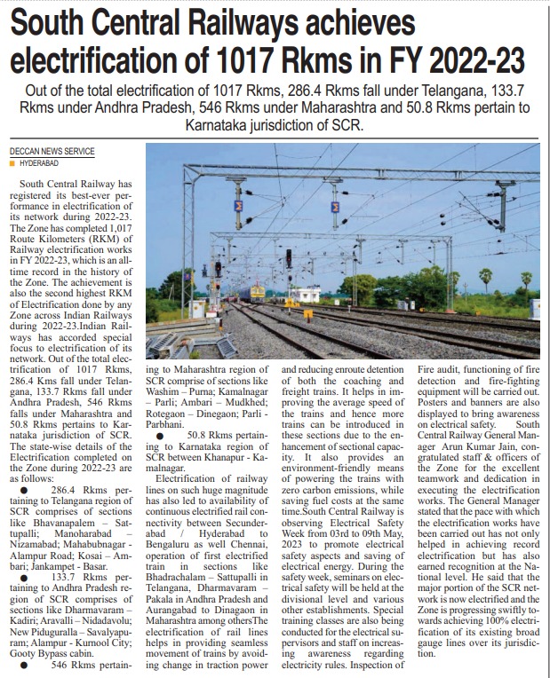 South Central Railway on Twitter: "South Central Railways achieves electrification of 1017 Rkms ...