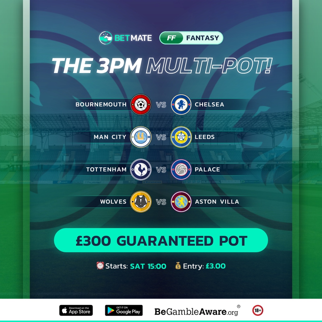 Betmate on Twitter: "🏆 3️⃣𝗣𝗠 𝗣𝗥𝗘𝗠 𝗠𝗨𝗟𝗧𝗜-𝗣𝗢𝗧 🏆 ⚽️ Fantasy Football 🏟 4 Fixtures 👥 8 Teams 💰 £3 ...