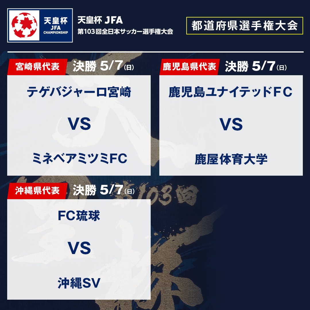 天皇杯 JFA 第103回全日本サッカー選手権大会 on Twitter: "第103回 #天皇杯🏆 都道府県選手権大会🗾⚽ \\ 本 日 開 催 // ⚔️ 決勝⚔️ 宮崎｜#テゲバジャーロ ...