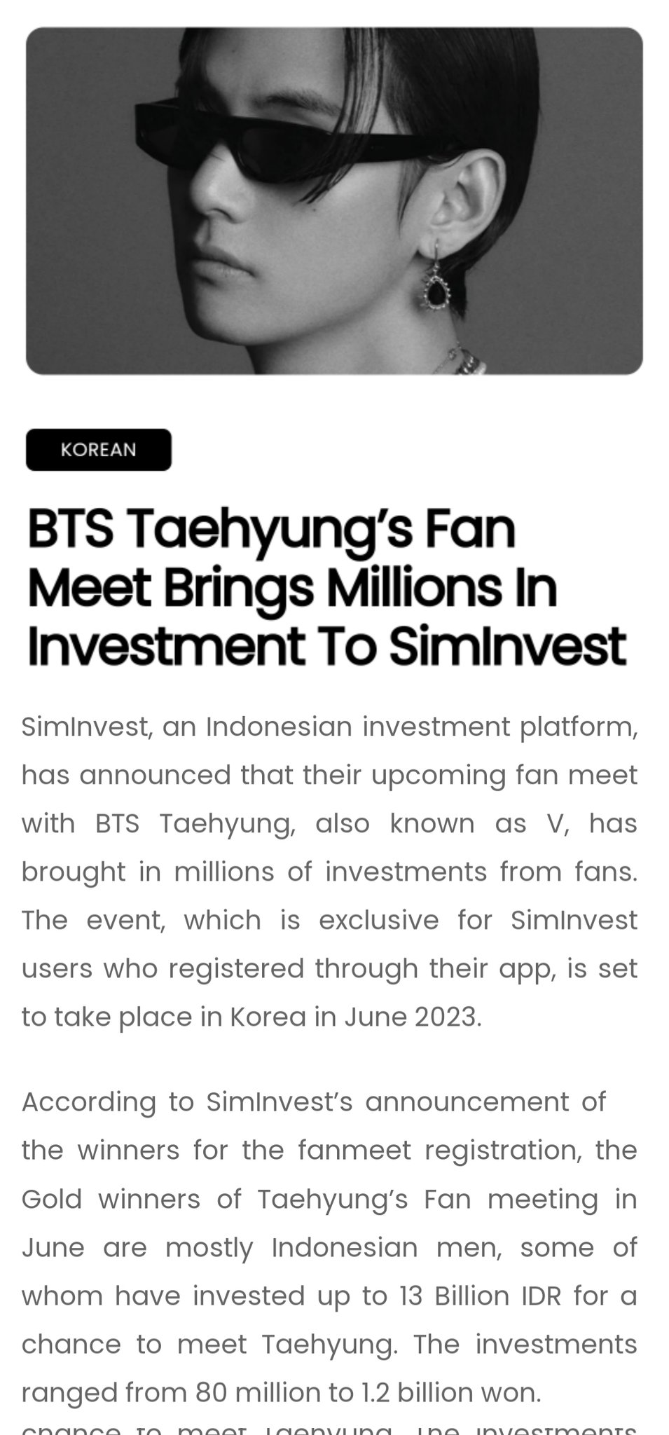 Taehyung Indonesia 🇮🇩 on Twitter: "[Artikel] Menurut pengumuman SimInvest tentang pemenang ...