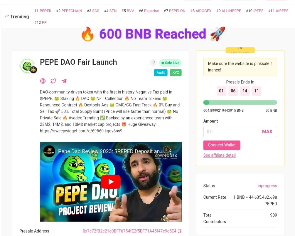 PEPE DAO on Twitter: "😄 HYPE Can Moon PEPE DAO 🚀 Raised 600 BNB and Trending #1💰 Negative Tax ...