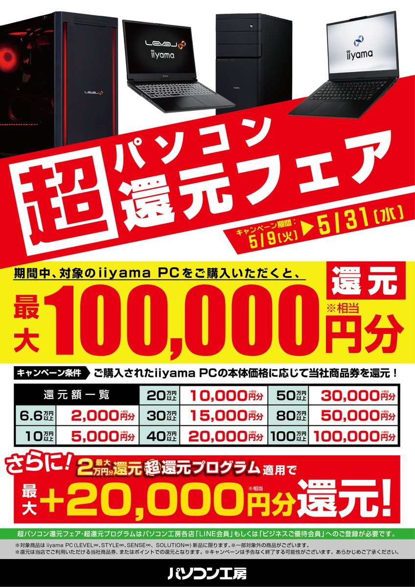 パソコン工房奈良店@アルバイト募集中 On Twitter 🎉超パソコン還元フェア🎉 対象pcゲーミングpc をご購入の お客様を対象に最大100000円相当分還元‼ さらに【超還元