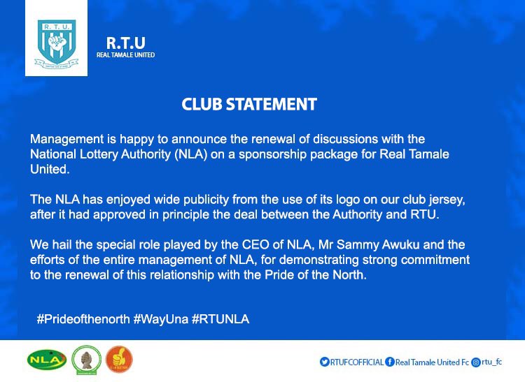 REAL TAMALE UNITED on Twitter: "𝗖𝗹𝘂𝗯 𝗦𝘁𝗮𝘁𝗲𝗺𝗲𝗻𝘁 | 📰 Renewal of the sponsorship package between ...