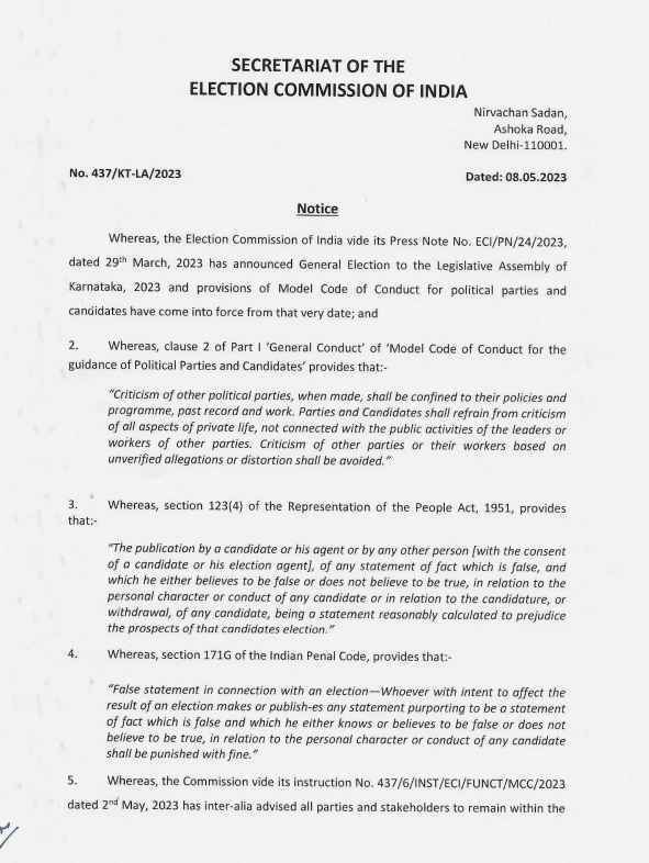 ANI on Twitter: "#KarnatakaAssemblyElection2023 | Election Commission of India issues notice to ...