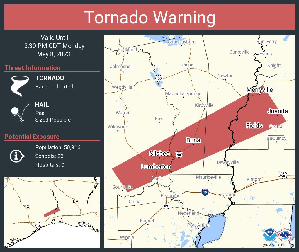 NWS Tornado on Twitter: "Tornado Warning including Lumberton TX, Silsbee TX and Buna TX until 3: ...