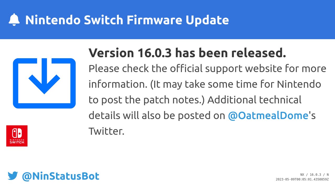 NinStatusBot on Twitter: "[Nintendo Switch Firmware Update] Version 16.0.3 has been released ...